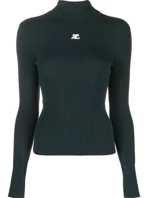COURREGES Logo-patch Ribbed-knit Jumper - Green