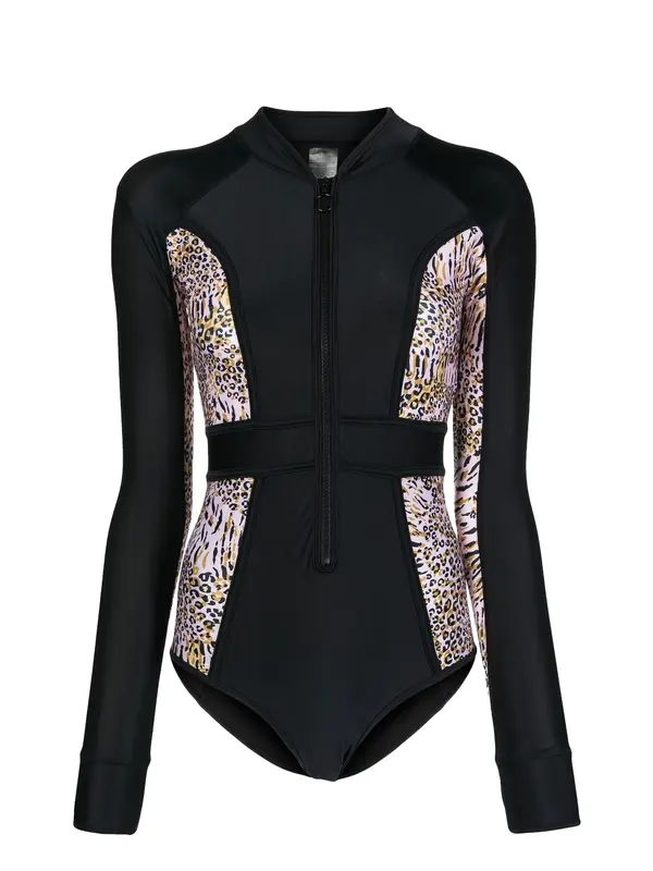 DUSKII Long-sleeve Leopard-print Surf Suit - Black