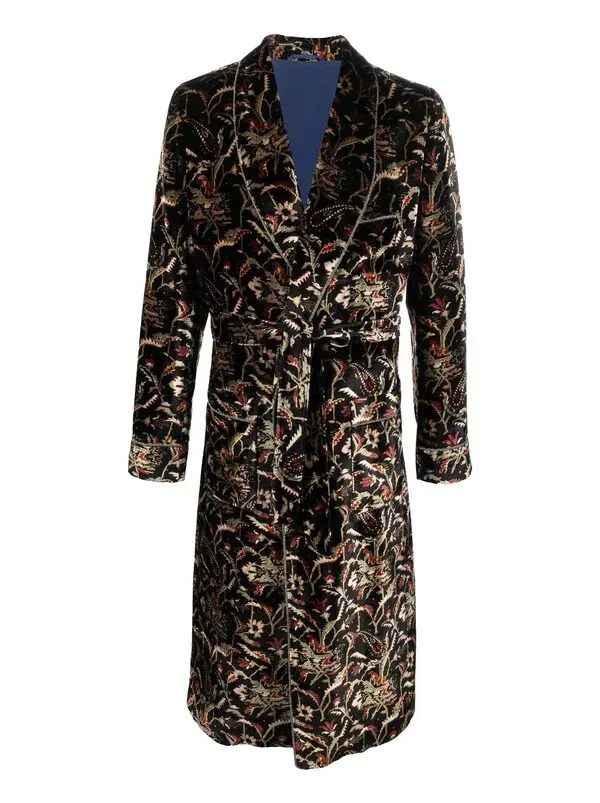 Etro Tie-waist Floral-patterned Long Coat - Black