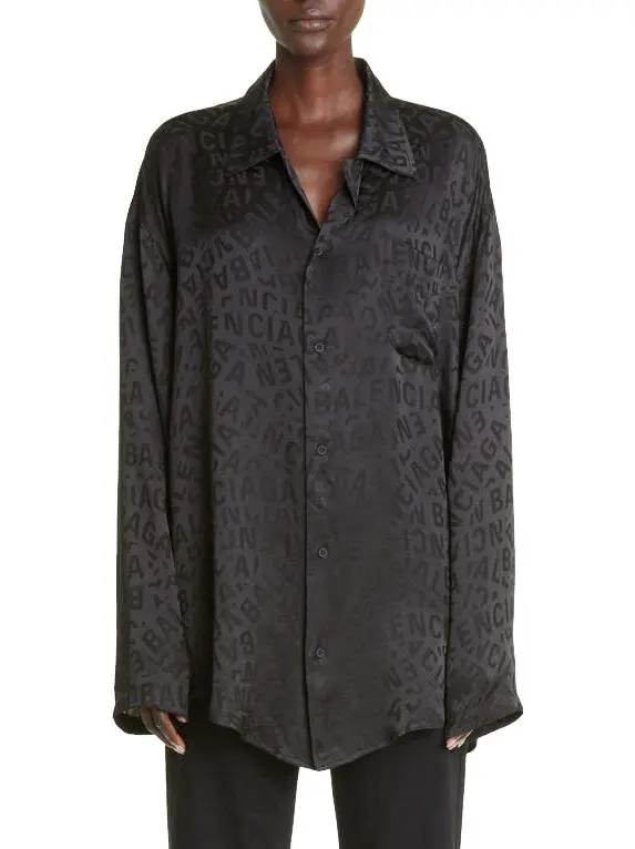 Balenciaga Logo Jacquard Silk Button-up Blouse - Black