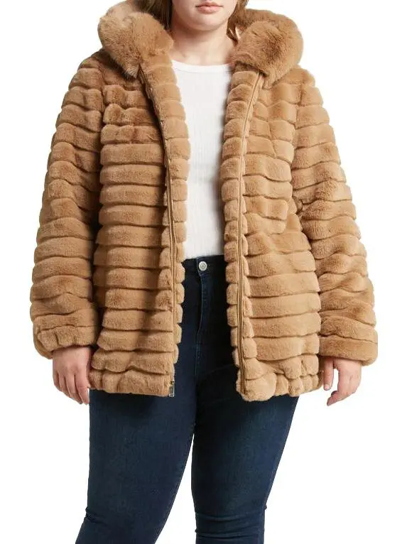 Gallery Hooded Faux Fur Jacket - Camel