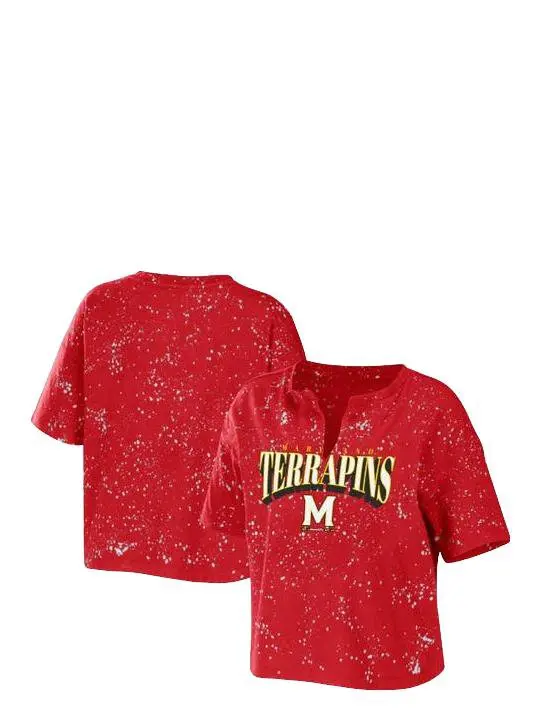WEAR BY ERIN ANDREWS Maryland Terrapins Bleach Wash Splatter Cropped Notch Neck T-shirt - Red