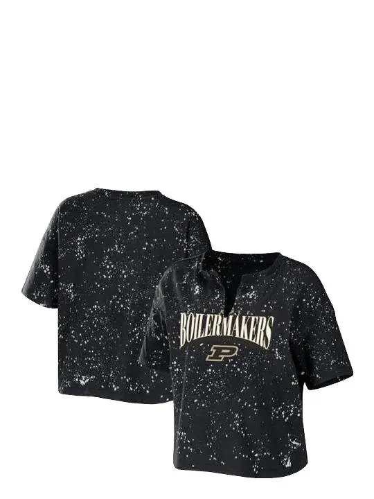 WEAR BY ERIN ANDREWS Purdue Boilermakers Bleach Wash Splatter Cropped Notch Neck T-shirt - Black