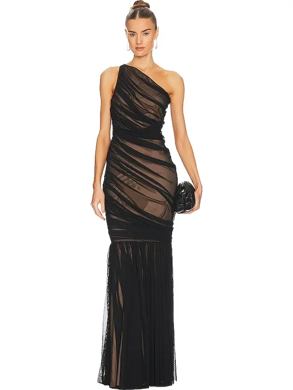 Norma Kamali Diana Fishtail Gown - Black Mesh & Nude