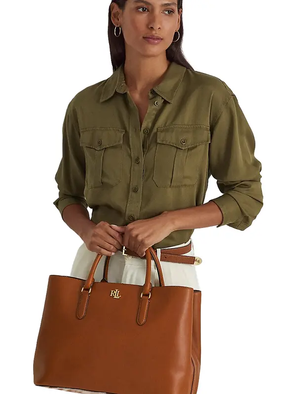 Ralph Lauren Leather Large Marcy Satchel - Lauren Tan