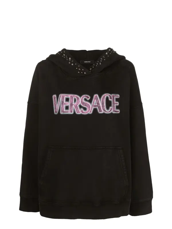 Versace Logo-print Studded Hoodie - Black