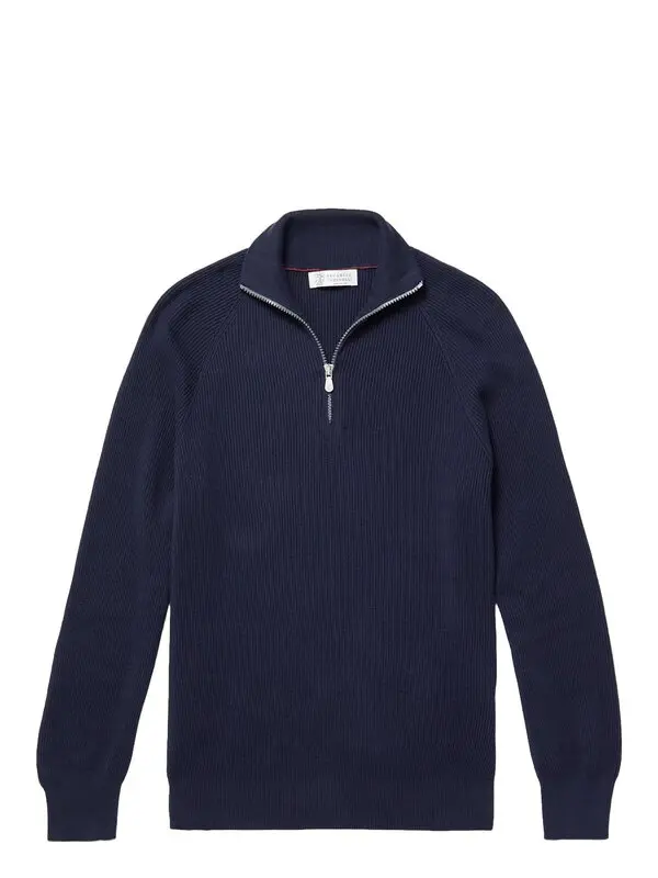 Brunello Cucinelli Ribbed Cotton Half-zip Sweater - Blue