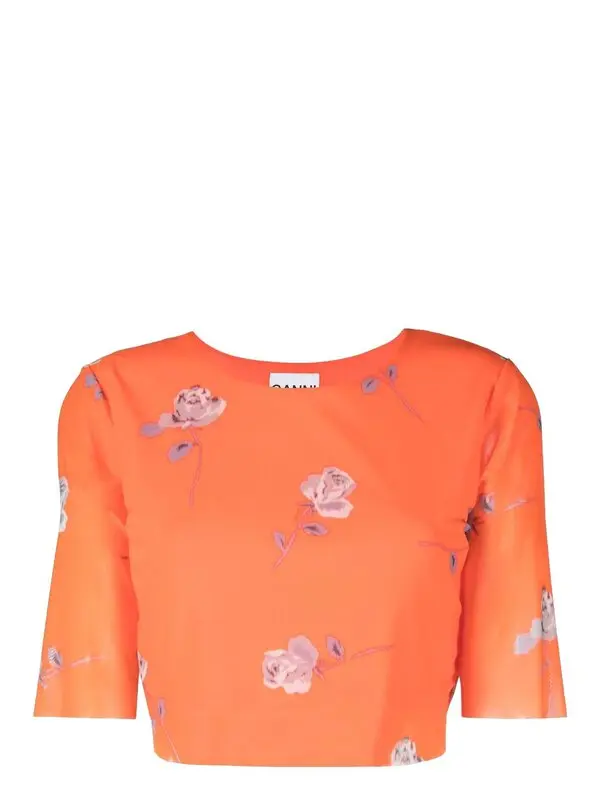 GANNI Mesh-detail Floral-print T-shirt - Orange