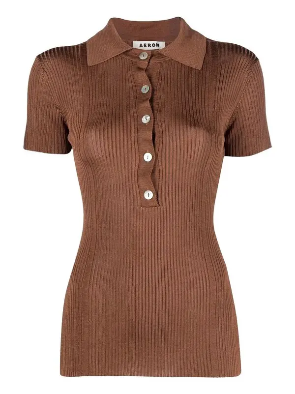 AERON Ribbed Polo Top - Brown