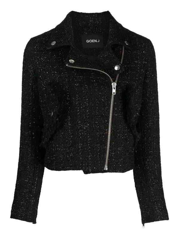 Goen.j Tweed Cropped Biker Jacket - Black