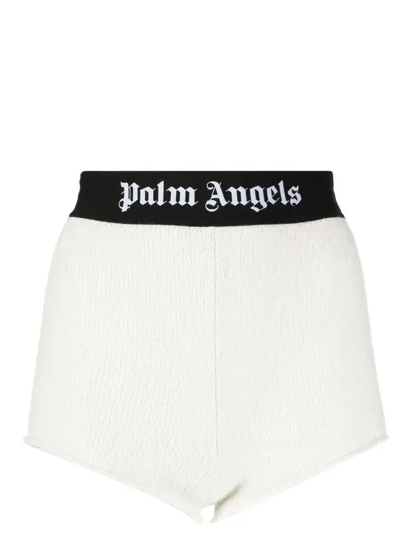 Palm Angels Logo Waistband Bouclé Knitted Shorts - White