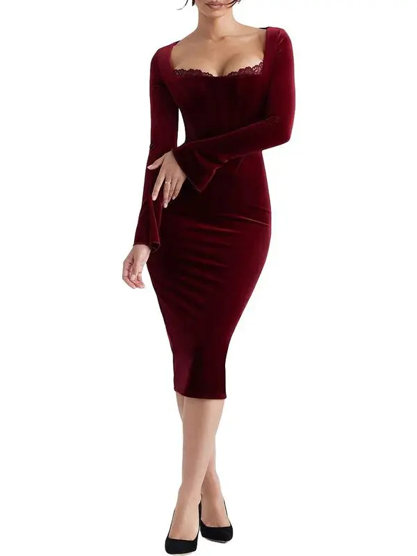 House Of Cb Solaine Velvet Midi Dress With Lace Trim - Wine