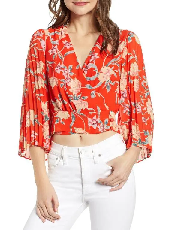 Astr The Label Floral Pleated Sleeve Wrap Blouse - Red/peach Floral