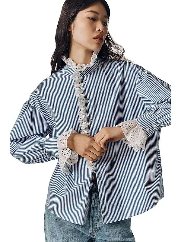 EXQUISE Petite Lace Trim Buttondown Shirt - Blue Stripe