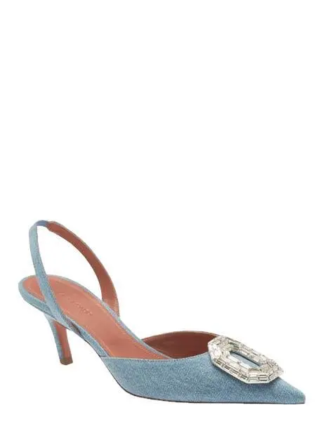 Amina Muaddi Camelia Pointed Toe Slingback Pumps - Blue Denim