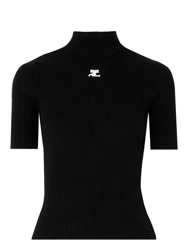 COURREGES Embroidered Ribbed-knit Top - Black