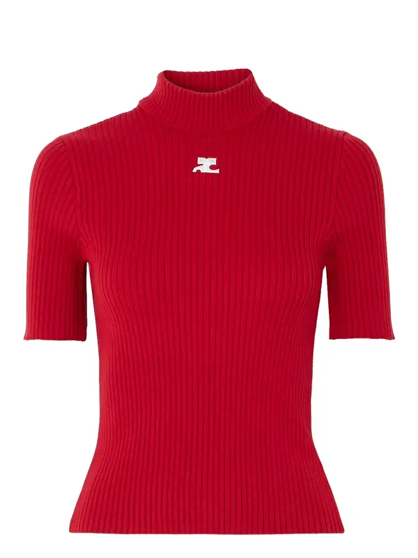 COURREGES Embroidered Ribbed-knit Top - Red