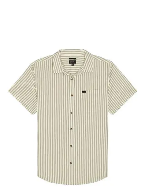 Brixton Charter Print Short Sleeve Shirt In White - Whitecap & Ivy Green Stripe