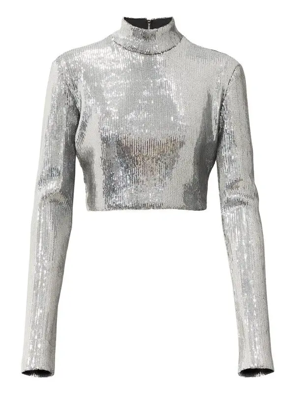 David Koma Sequined Mockneck Crop Top - Silver