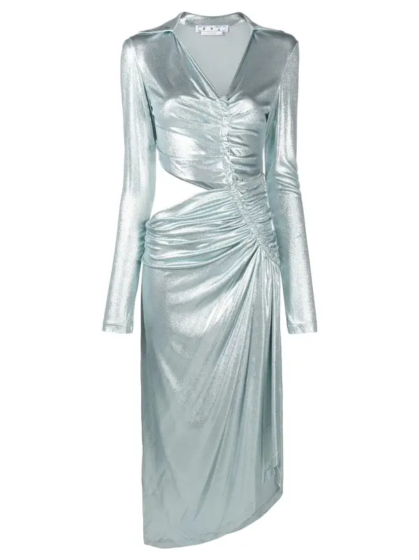 Off-White Metallic Draped Midi Dress - Blue
