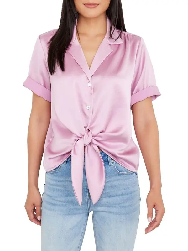 Karen Kane Roll Cuff Tie Front Satin Blouse - Pink