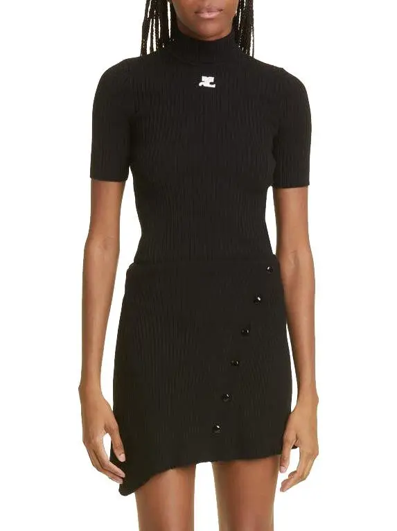 COURREGES Embroidered Logo Mock Neck Ribbed Sweater - Black