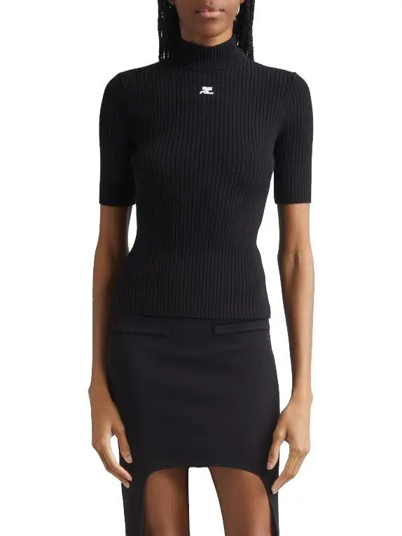 COURREGES Embroidered Logo Mock Neck Ribbed Sweater - Black