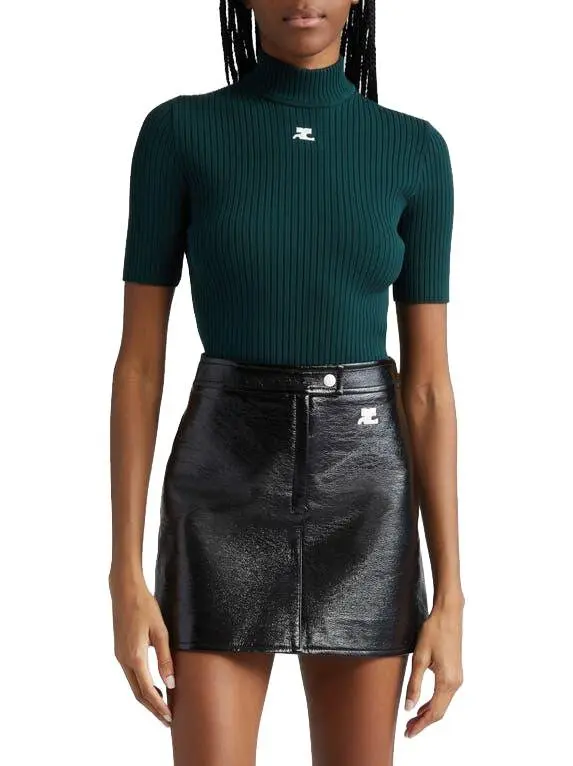 COURREGES Embroidered Logo Mock Neck Ribbed Sweater - Dark Green
