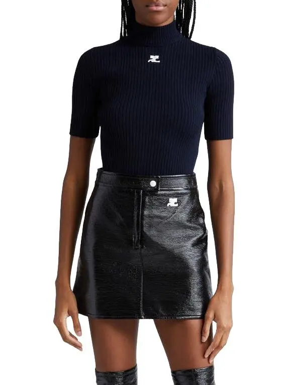 COURREGES Embroidered Logo Mock Neck Ribbed Sweater - Navy