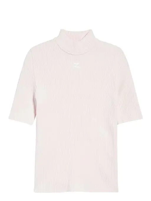 COURREGES Embroidered Logo Mock Neck Ribbed Sweater - Pale Pink