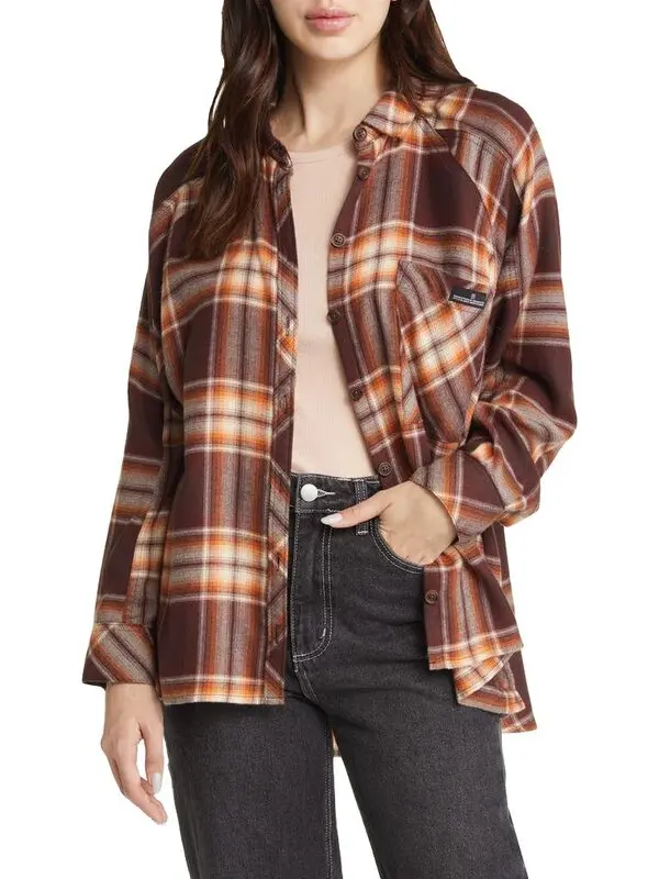 BDG URBAN OUTFITTERS Plaid High-low Flannel Shirt - Brown