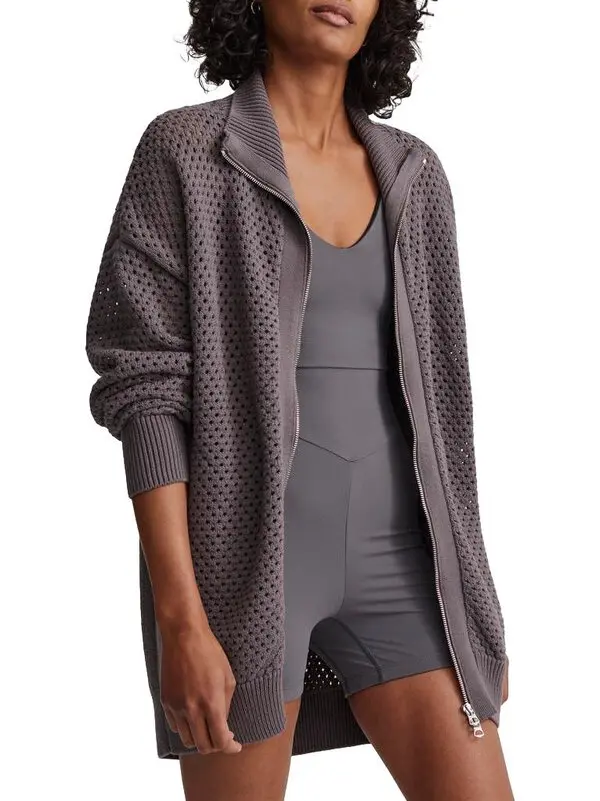 Varley Cassady Cotton Mesh Stitch Zip Cardigan - Deep Charcoal