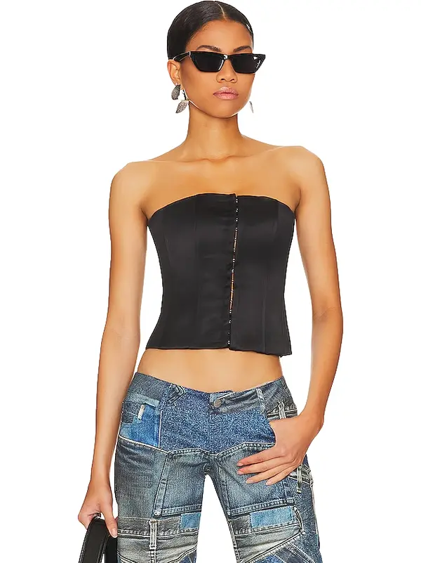 GUIZIO Satin Corset Top - Black