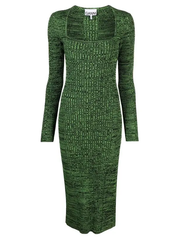GANNI Square-neck Knitted Midi Dress - Green