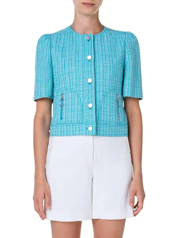 Akris Puff-sleeve Tweed Jacket - Turquoise Multico