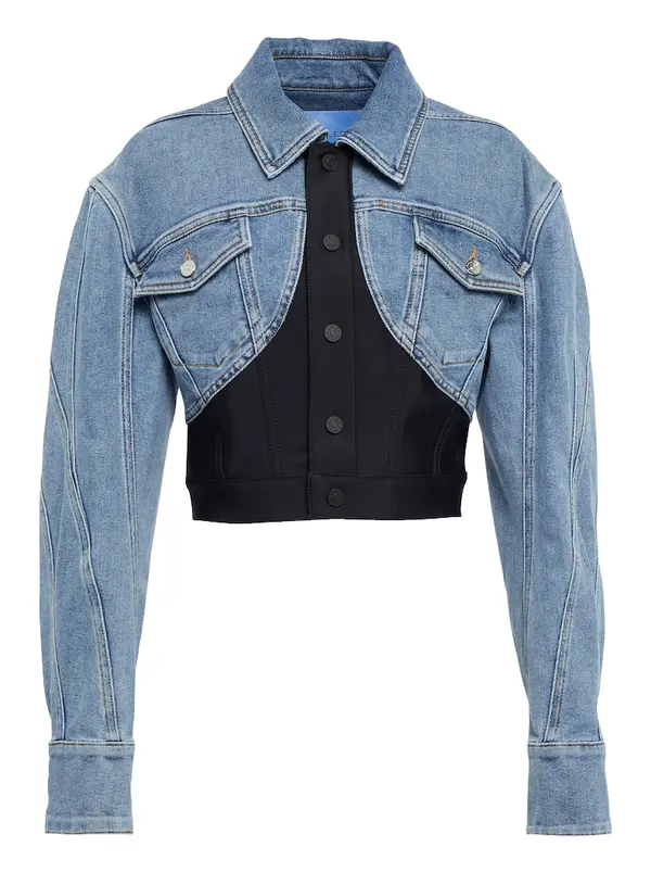 MUGLER Denim-paneled Cropped Jacket - Blue
