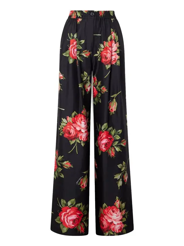 Dolce & Gabbana Floral-print Wide-leg Silk-twill Pants - Black