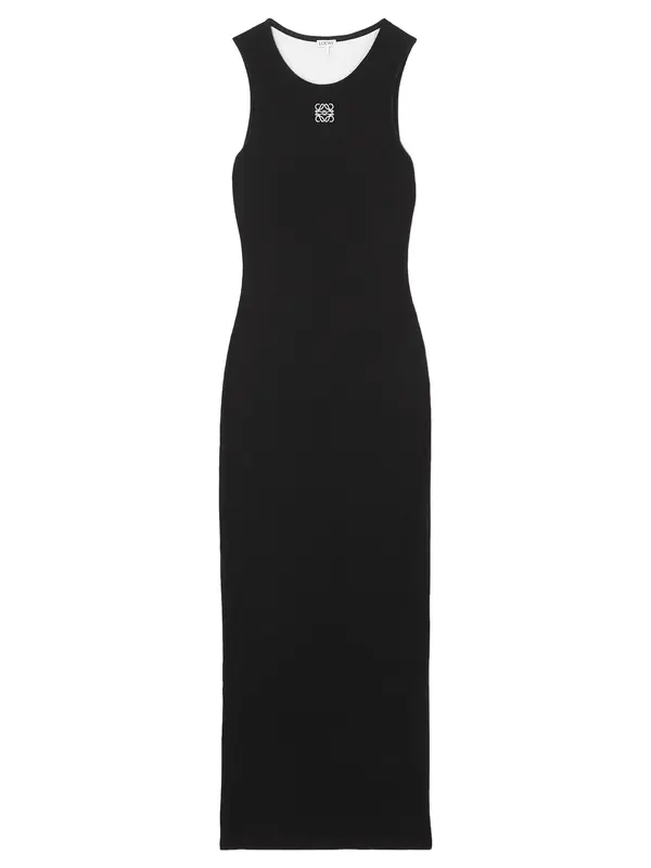 Loewe Anagram Embroidered Ribbed Midi Dress - Black