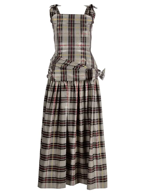 MOLLY GODDARD Bow-detailed Tartan Maxi Dress - Grey