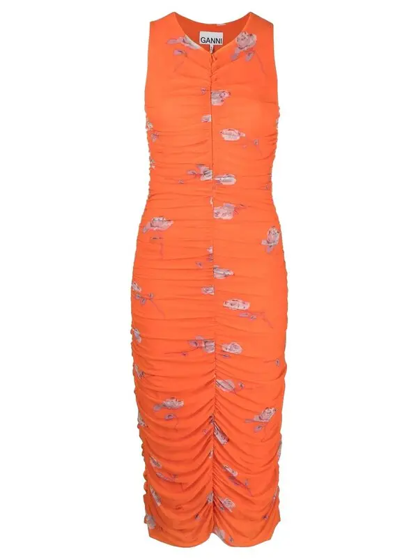 GANNI Rose-print Ruched Mesh Dress - Orange