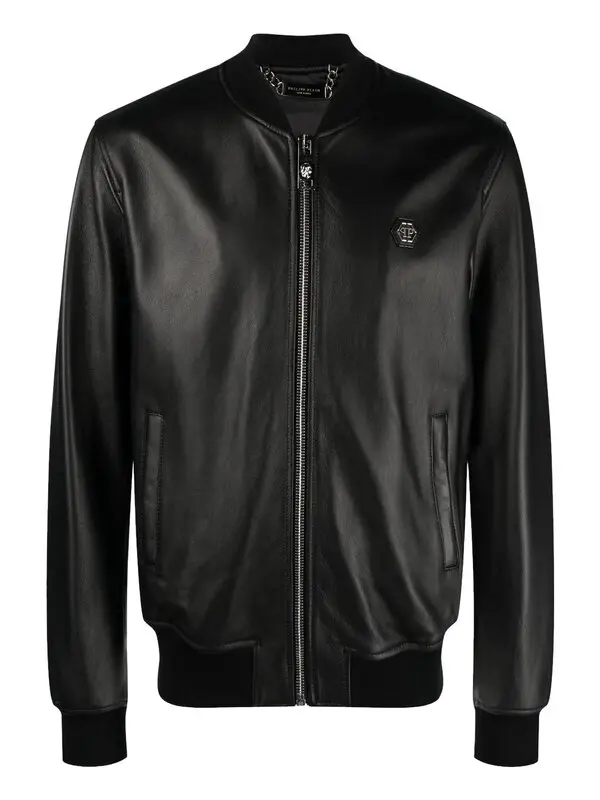 Philipp Plein Leather Bomber Jacket - Black