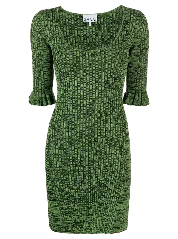 GANNI Flounce-sleeve Mélange Minidress - Green