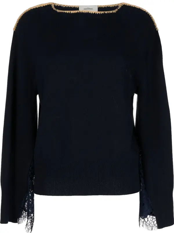 ONEFIFTEEN Floral-lace Detail Wool Sweatshirt - Blue