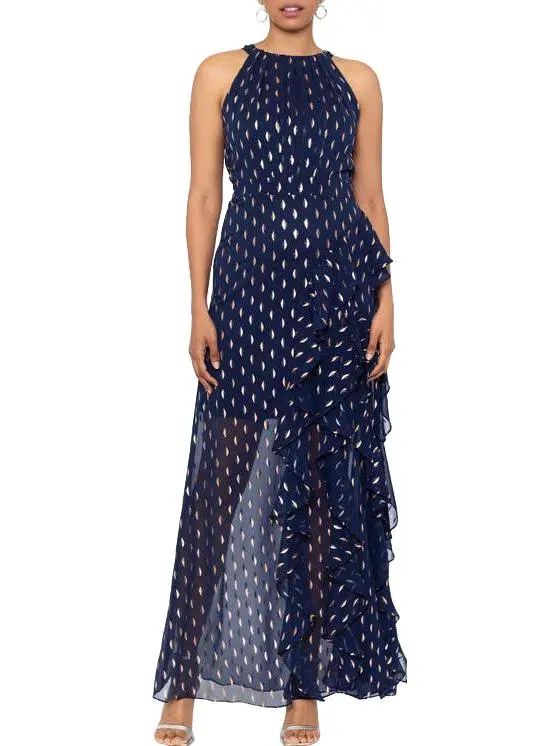 Betsy & Adam Metallic Clip Dot Ruffle Halter Neck Chiffon Gown - Navy/copper