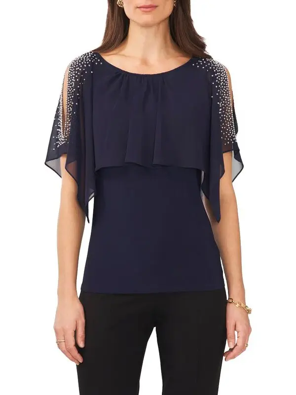Chaus Beaded Cold Shoulder Blouse - Jbs Navy