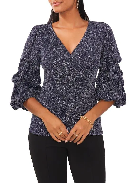Chaus Surplice V-neck Lantern Sleeve Blouse - Navy/silver