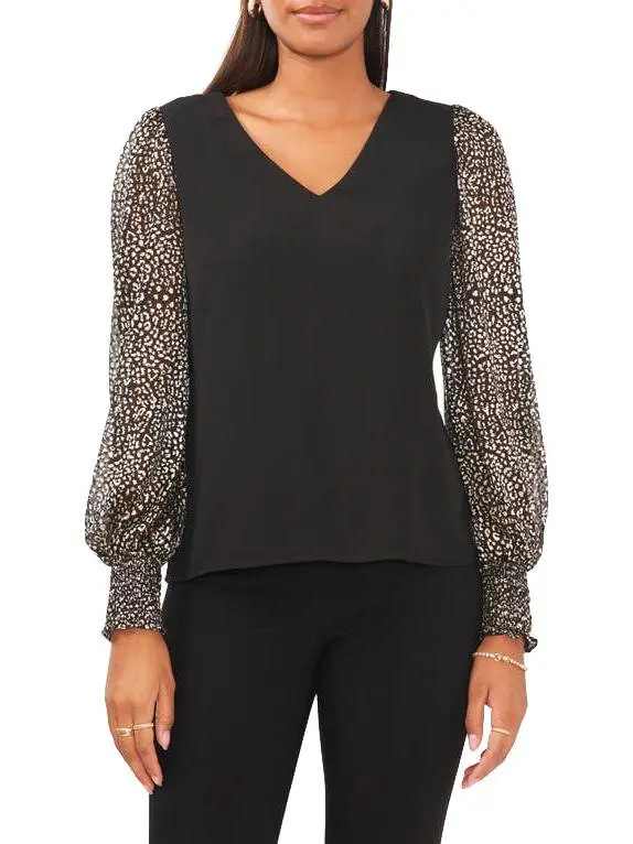 Chaus V-neck Smocked Cuff Blouse - Black/gold