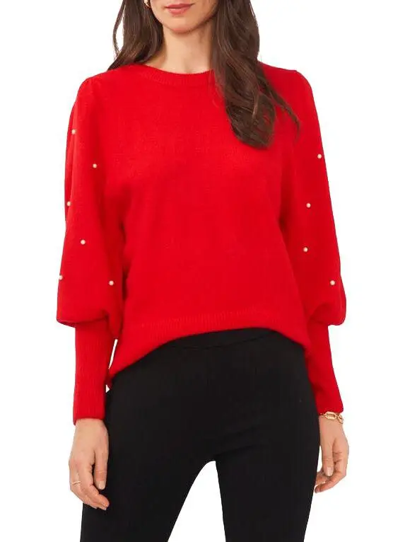 Chaus Imitation Pearl Juliet Sleeve Sweater - Bright Cherry