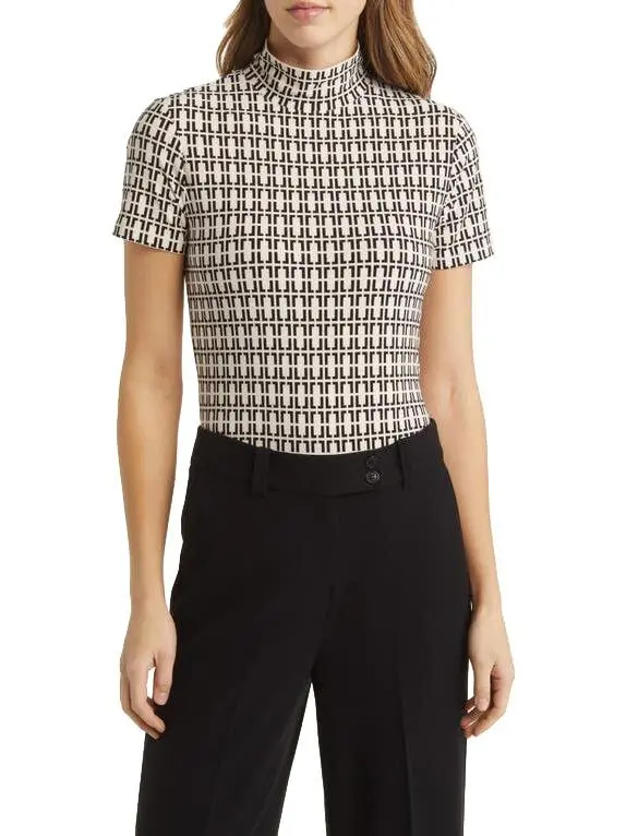 Anne Klein Geo Print Short Sleeve Mock Neck Top - Anne White/anne Black