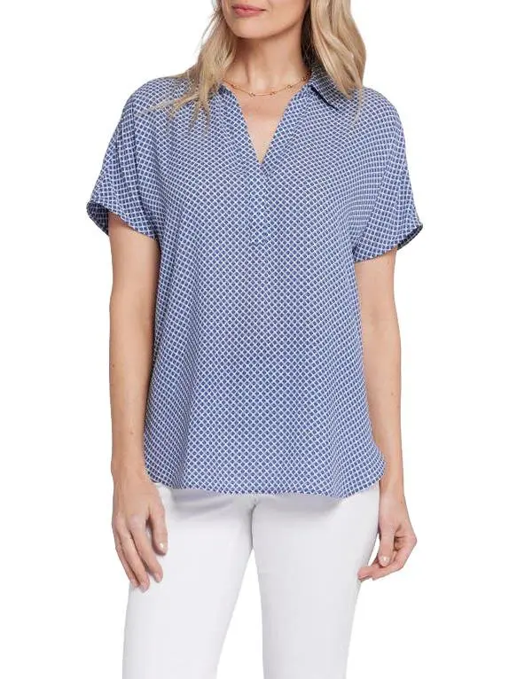 NYDJ Becky Split Neck Woven Top - Heritage Geo Prussian Navy